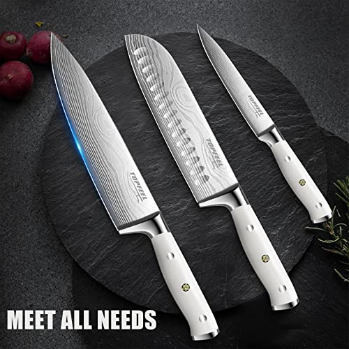 Topfeel Professional Chef Knife Set German Carbon Stainless Steel Kitchen Knives, 3PCS Ultra Sharp Japanese White Knives Set for Kitchen with Ergonomic Handle for Home or Restaurant…