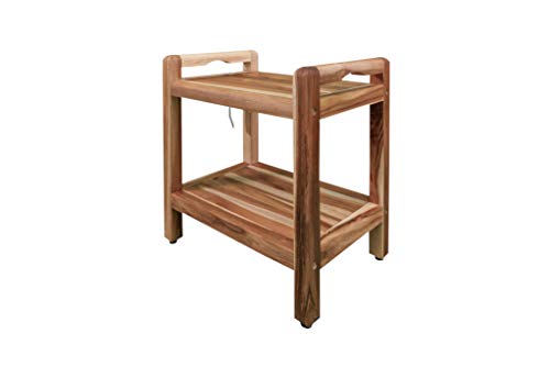 DecoTeak Earthy Teak Shower Stool Eleganto Natural Wood Seat Shower Bench with Storage Shelf and LiftAide Arms for Indoors and Outdoors - 14 inches Wide