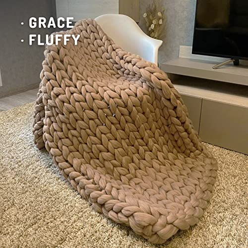 Shalenine Chunky Knit Blanket Throw Merino Wool Blend Handmade Decor Giant Yarn Large Cable Knitted Blanket,Khaki,40''x40''