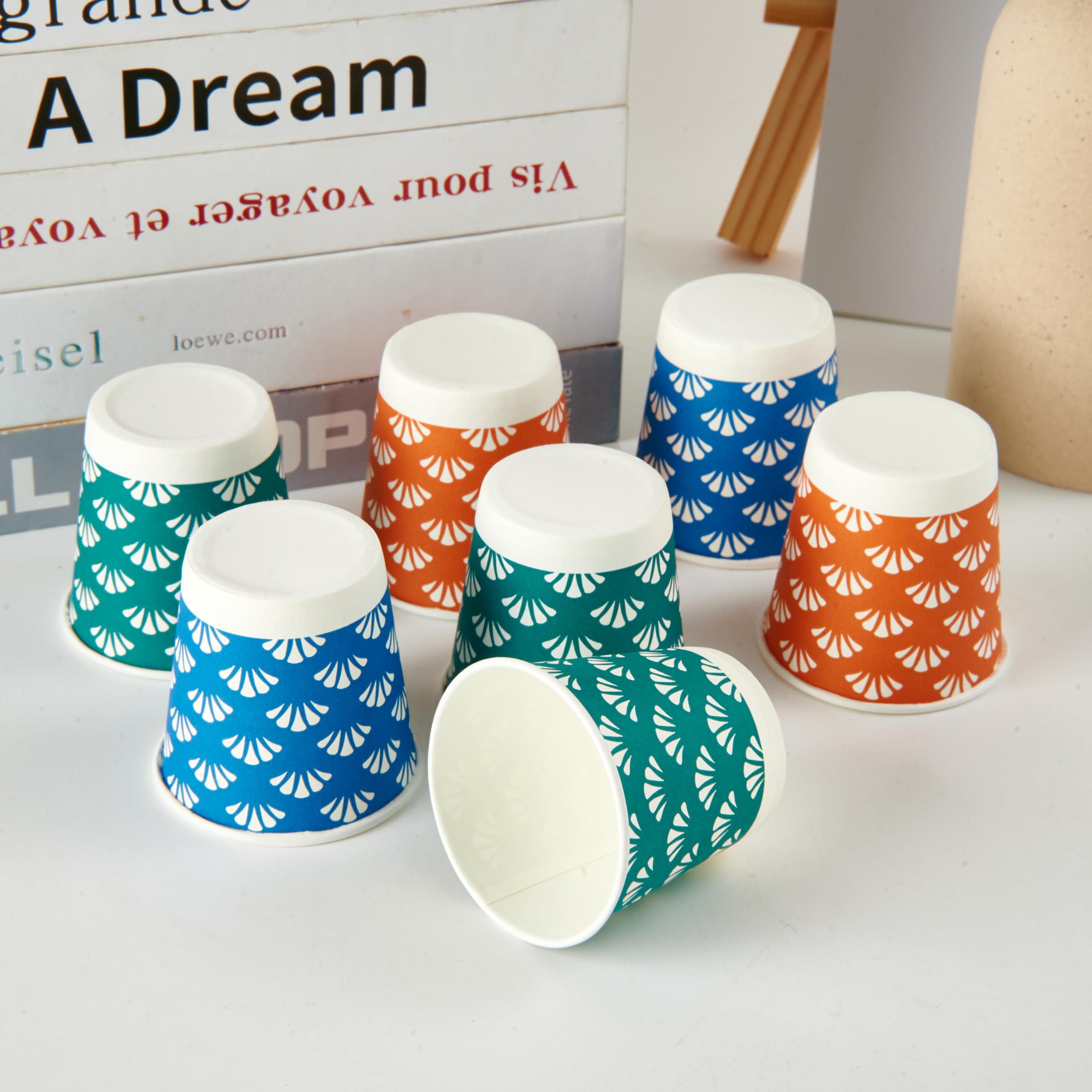 JollyPack 300 Pack 3 oz Paper Cups, Disposable Bathroom Cups, Small Mouthwash Cups, Rinse Cups, Orange Blue and Green Mini Cups for Candy and Biscuits, Perfect for Bathroom, Party, Picnic, Travel
