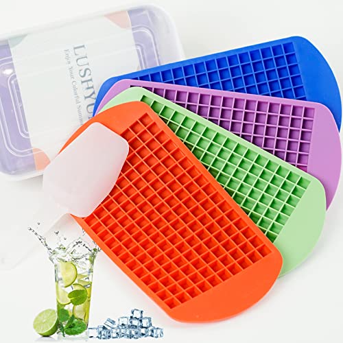 Mini Ice Cube Trays Silicone With Bin for Freezer, 4 Pack 640 Chewy Small Ice 6PCS Set, Tiny Crushed Ice Maker Molds for Chilling Coffee Juice Cocktail Whisky Boba, With Storage Box & Ice Scoop