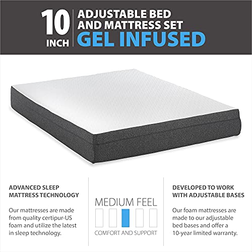 BLISSFUL NIGHTS 10 inch Gel Infused Medium Firm Memory Foam Mattress with e2 Adjustable Bed Frame Combo Set Head and Foot Incline Wired Remote (Split King)