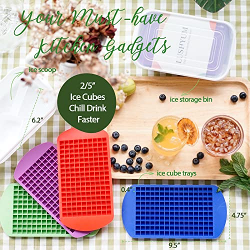 Mini Ice Cube Trays Silicone With Bin for Freezer, 4 Pack 640 Chewy Small Ice 6PCS Set, Tiny Crushed Ice Maker Molds for Chilling Coffee Juice Cocktail Whisky Boba, With Storage Box & Ice Scoop