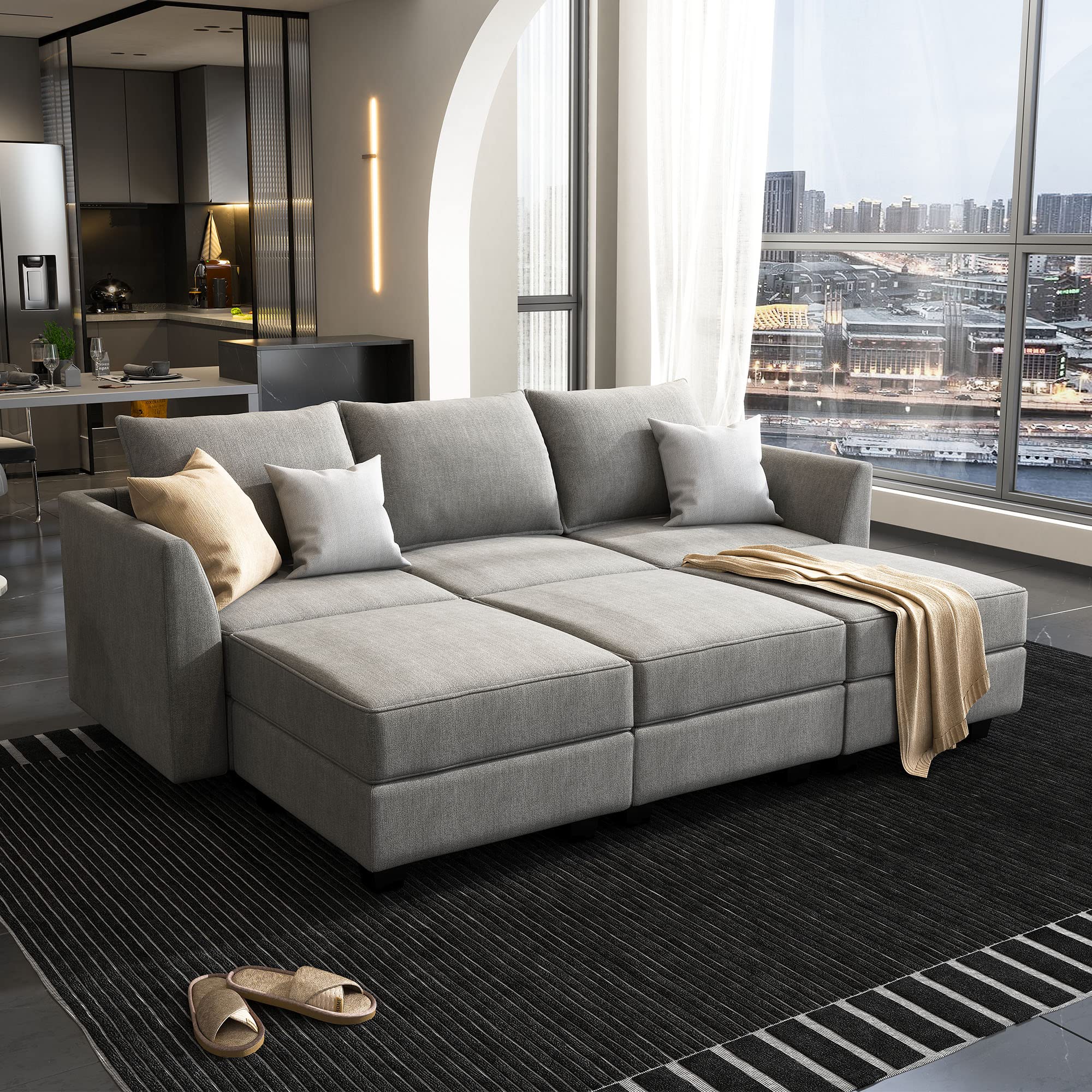 HONBAY Modular Sectional Sleeper Sofa with Storage 6 Piece Modular Sectional Couch Reversible Sleeper Sectional Couch for Living Room, Grey