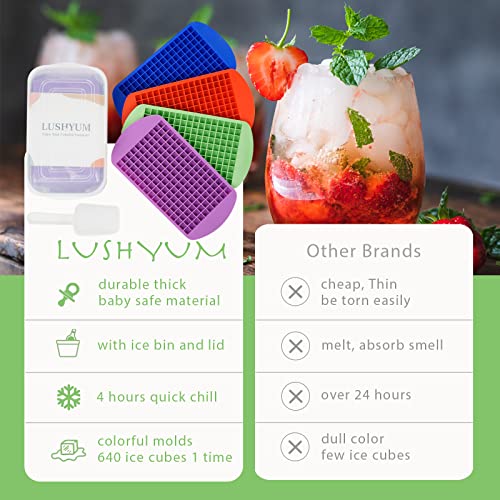 Mini Ice Cube Trays Silicone With Bin for Freezer, 4 Pack 640 Chewy Small Ice 6PCS Set, Tiny Crushed Ice Maker Molds for Chilling Coffee Juice Cocktail Whisky Boba, With Storage Box & Ice Scoop