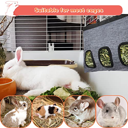 Rabbit Hay Feeder Bag, Guinea Pig Hay Feeder Storage with 3 Holes, Small Animal Pet Large Hanging Hay Feeder,600D Oxford Fabric (Gray)