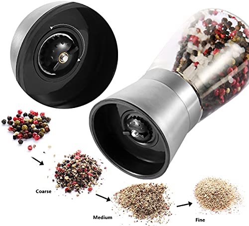 Pepper Grinder Pepper Mill, Salt Grinder Refillable,(Single Package) Adjustable Coarseness Black Pepper Grinder, Stainless Steel Sea Salt Shaker with Ceramic Rotor (1 pack)