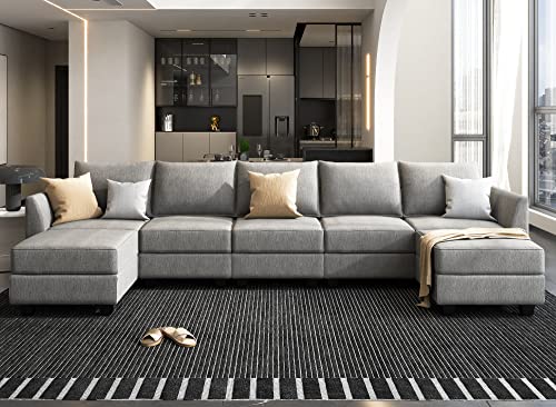 HONBAY Modern Fabric Corner Sectional Sofa Modular Sectional Couch with Ottoman U Shape Sofa 7 Seater Couch with Storage for Living Room, Grey
