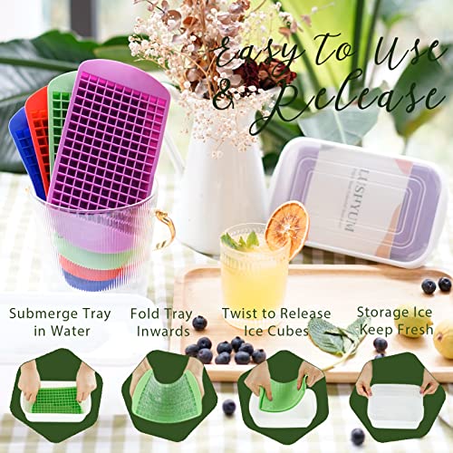 Mini Ice Cube Trays Silicone With Bin for Freezer, 4 Pack 640 Chewy Small Ice 6PCS Set, Tiny Crushed Ice Maker Molds for Chilling Coffee Juice Cocktail Whisky Boba, With Storage Box & Ice Scoop