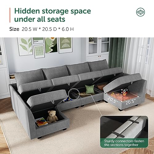 HONBAY Modern Fabric Corner Sectional Sofa Modular Sectional Couch with Ottoman U Shape Sofa 7 Seater Couch with Storage for Living Room, Grey