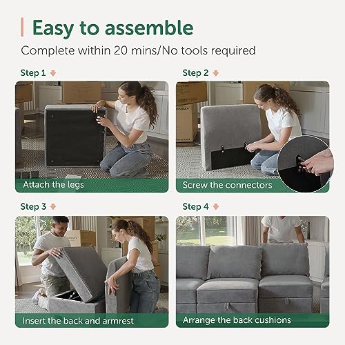 HONBAY Modern Fabric Corner Sectional Sofa Modular Sectional Couch with Ottoman U Shape Sofa 7 Seater Couch with Storage for Living Room, Grey