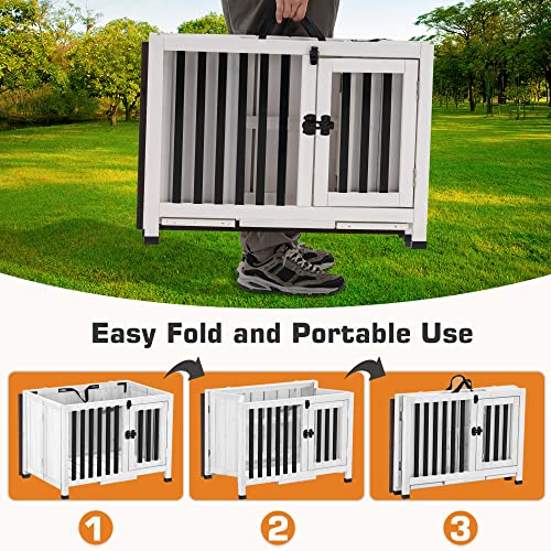 MCombo Wooden Dog Crate Furniture, Portable Foldable Dog Kennel End Table, Solid Wood Indoor Cage with Tray (Small, White and Brown)