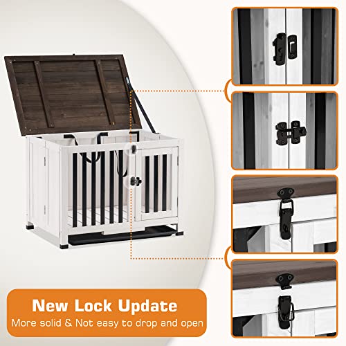 MCombo Wooden Dog Crate Furniture, Portable Foldable Dog Kennel End Table, Solid Wood Indoor Cage with Tray (Small, White and Brown)