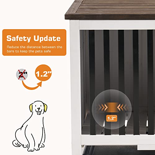 MCombo Wooden Dog Crate Furniture, Portable Foldable Dog Kennel End Table, Solid Wood Indoor Cage with Tray (Small, White and Brown)