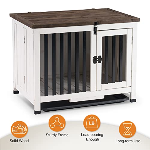 MCombo Wooden Dog Crate Furniture, Portable Foldable Dog Kennel End Table, Solid Wood Indoor Cage with Tray (Small, White and Brown)