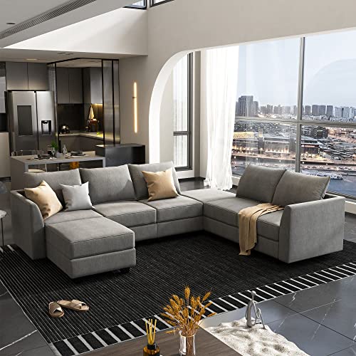 HONBAY Modern Fabric Corner Sectional Sofa Modular Sectional Couch with Ottoman U Shape Sofa 7 Seater Couch with Storage for Living Room, Grey