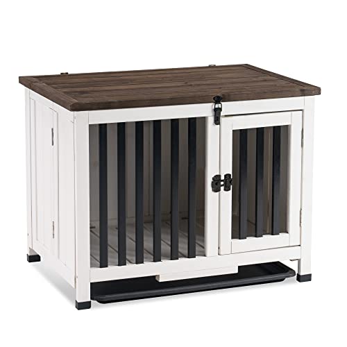 MCombo Wooden Dog Crate Furniture, Portable Foldable Dog Kennel End Table, Solid Wood Indoor Cage with Tray (Small, White and Brown)