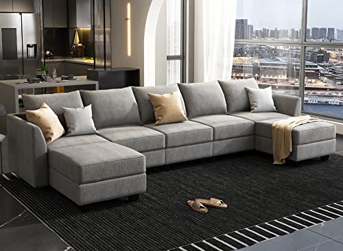 HONBAY Modern Fabric Corner Sectional Sofa Modular Sectional Couch with Ottoman U Shape Sofa 7 Seater Couch with Storage for Living Room, Grey