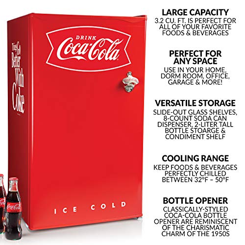 Nostalgia Coca-Cola Refrigerator with Freezer, 3.2 Cu. Ft., Adjustable Temperature Cools as Low as 32 Degrees, Bottle Opener, Ice Cube Tray, Scraper Included, Red