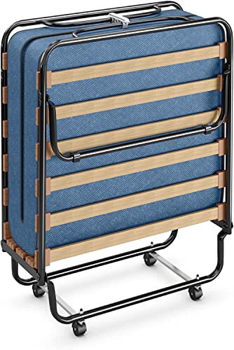 Augester Folding Bed with 4 Inch Mattress, Rollaway Foldable Guest Bed for Adults, Memory Foam Mattress & Sturdy Metal Frame, Portable Bed Cot Size w/Wheels, Easy to Transport, Blue