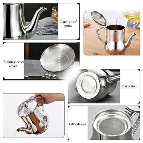 Stainless Steel Oiler with Strainer, Bacon Grease Container with Strainer and Spout, Reusable Stainless Steel Oiler for Bacon Grease, 304 Stainless Steel Oil Strainer Pot for Kitchen (24 oz)