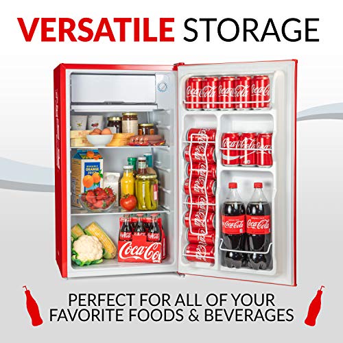 Nostalgia Coca-Cola Refrigerator with Freezer, 3.2 Cu. Ft., Adjustable Temperature Cools as Low as 32 Degrees, Bottle Opener, Ice Cube Tray, Scraper Included, Red