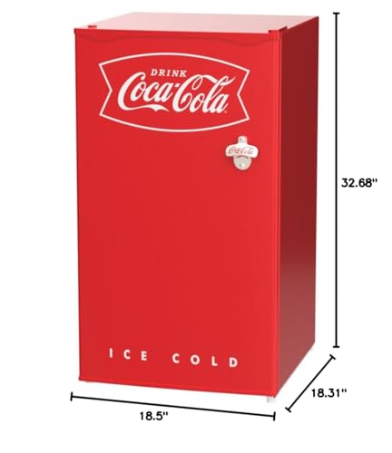 Nostalgia Coca-Cola Refrigerator with Freezer, 3.2 Cu. Ft., Adjustable Temperature Cools as Low as 32 Degrees, Bottle Opener, Ice Cube Tray, Scraper Included, Red
