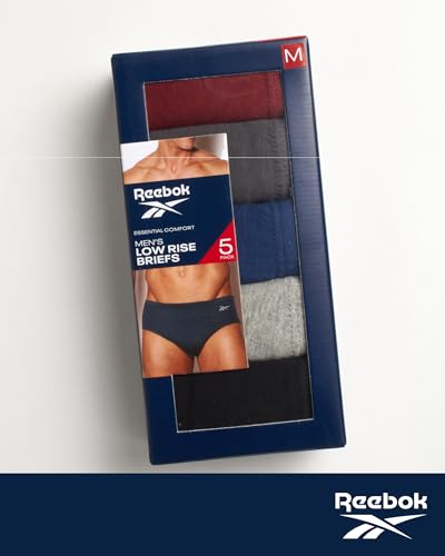 Reebok Low Rise Mens Briefs - 5 Pack Soft Cotton Mens Underwear with Supportive Contour Pouch - Supportive Fit for Everyday Wear, Medium, Burgundy/Charcoal/Blue/Light Grey/Black