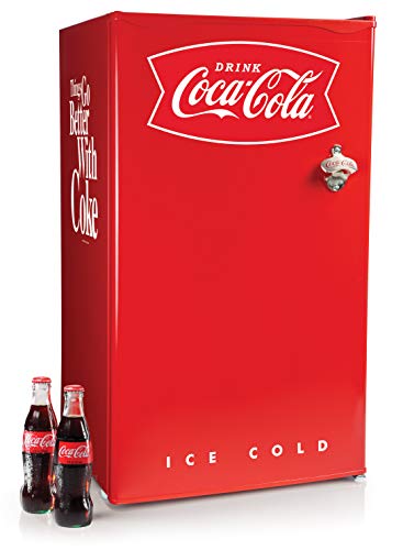 Nostalgia Coca-Cola Refrigerator with Freezer, 3.2 Cu. Ft., Adjustable Temperature Cools as Low as 32 Degrees, Bottle Opener, Ice Cube Tray, Scraper Included, Red