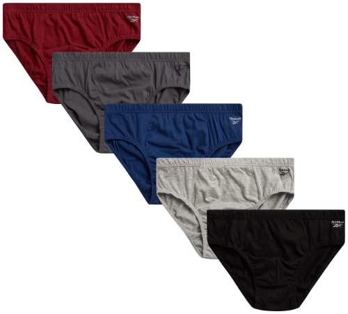 Reebok Low Rise Mens Briefs - 5 Pack Soft Cotton Mens Underwear with Supportive Contour Pouch - Supportive Fit for Everyday Wear, Medium, Burgundy/Charcoal/Blue/Light Grey/Black