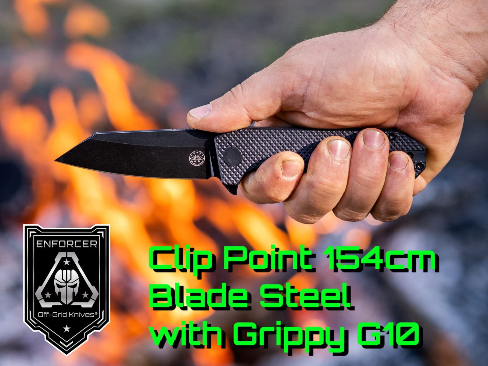 Off-Grid Knives - Enforcer EDC Folding Knife with 154CM Blade Steel, Grippy G10 Scales, Deep Pocket Carry Left or Right Hand (Blackout 154CM)