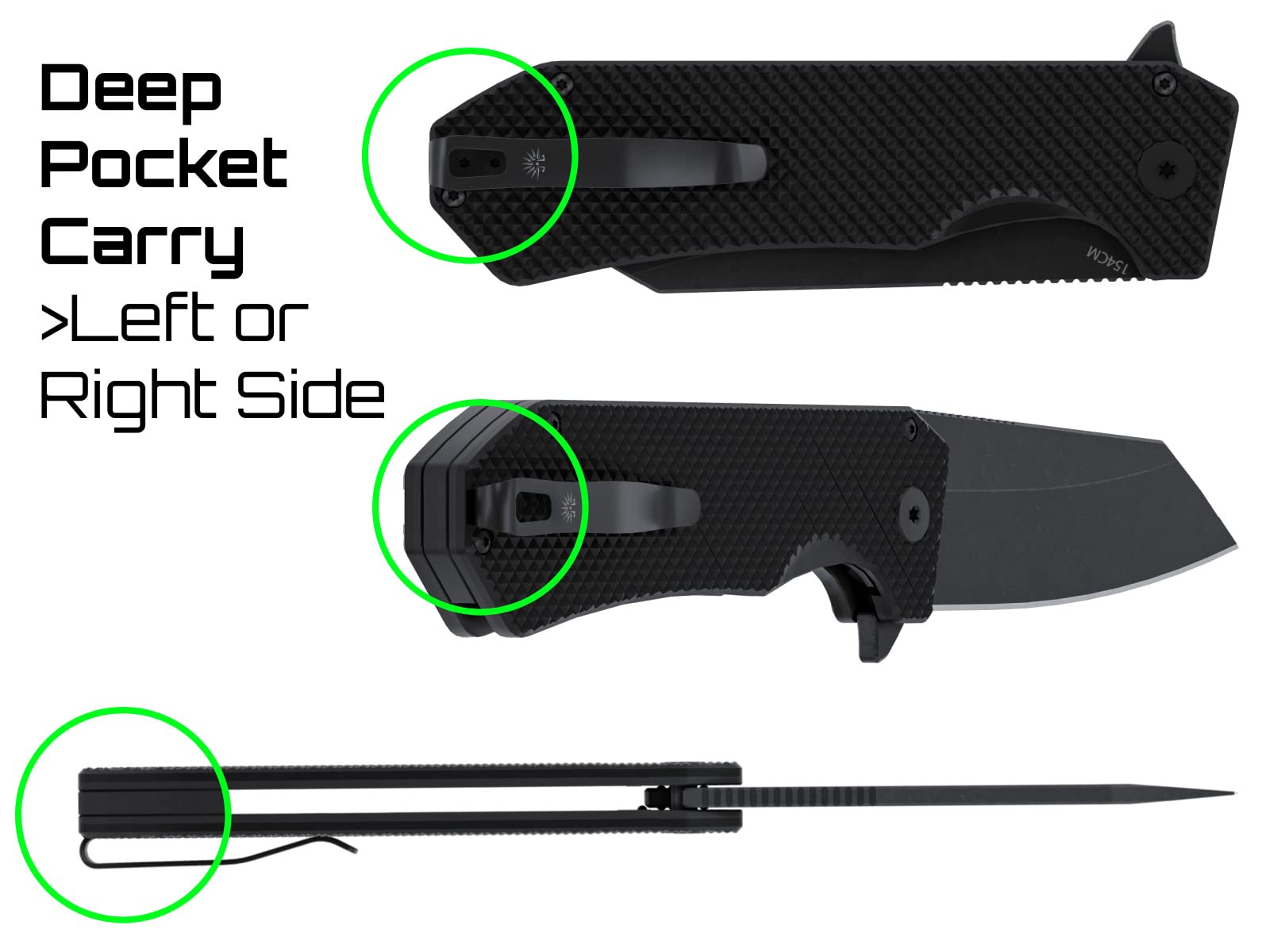 Off-Grid Knives - Enforcer EDC Folding Knife with 154CM Blade Steel, Grippy G10 Scales, Deep Pocket Carry Left or Right Hand (Blackout 154CM)