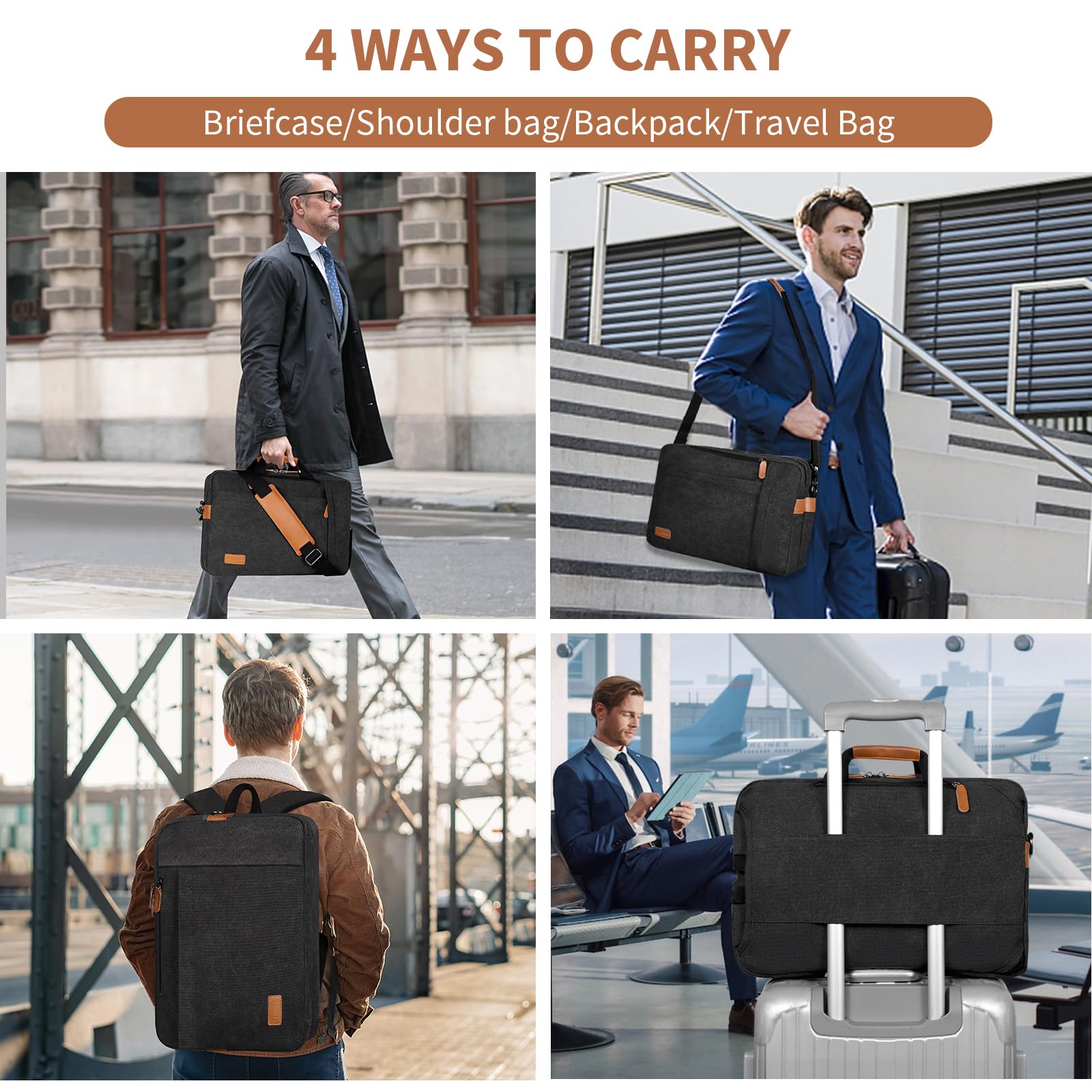 ESTARER 3 In 1 Laptop Bag for Men, 17-17.3 Inch Computer Bag Laptop Backpack for Work/Travel/Business, Convertible Briefcase Water Resistant Canvas Messenger Bag (Dark Grey)