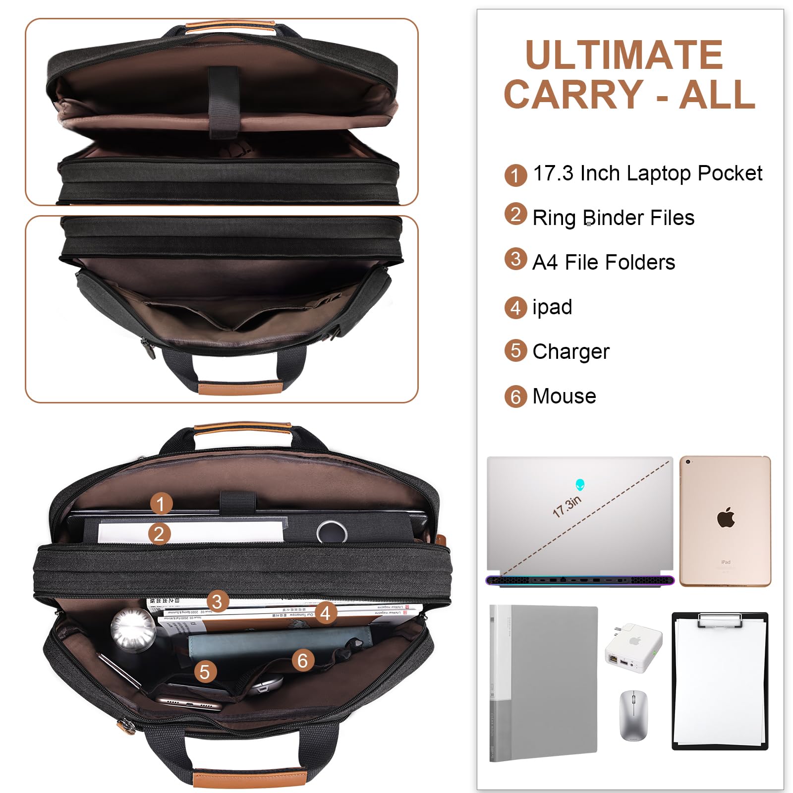 ESTARER 3 In 1 Laptop Bag for Men, 17-17.3 Inch Computer Bag Laptop Backpack for Work/Travel/Business, Convertible Briefcase Water Resistant Canvas Messenger Bag (Dark Grey)