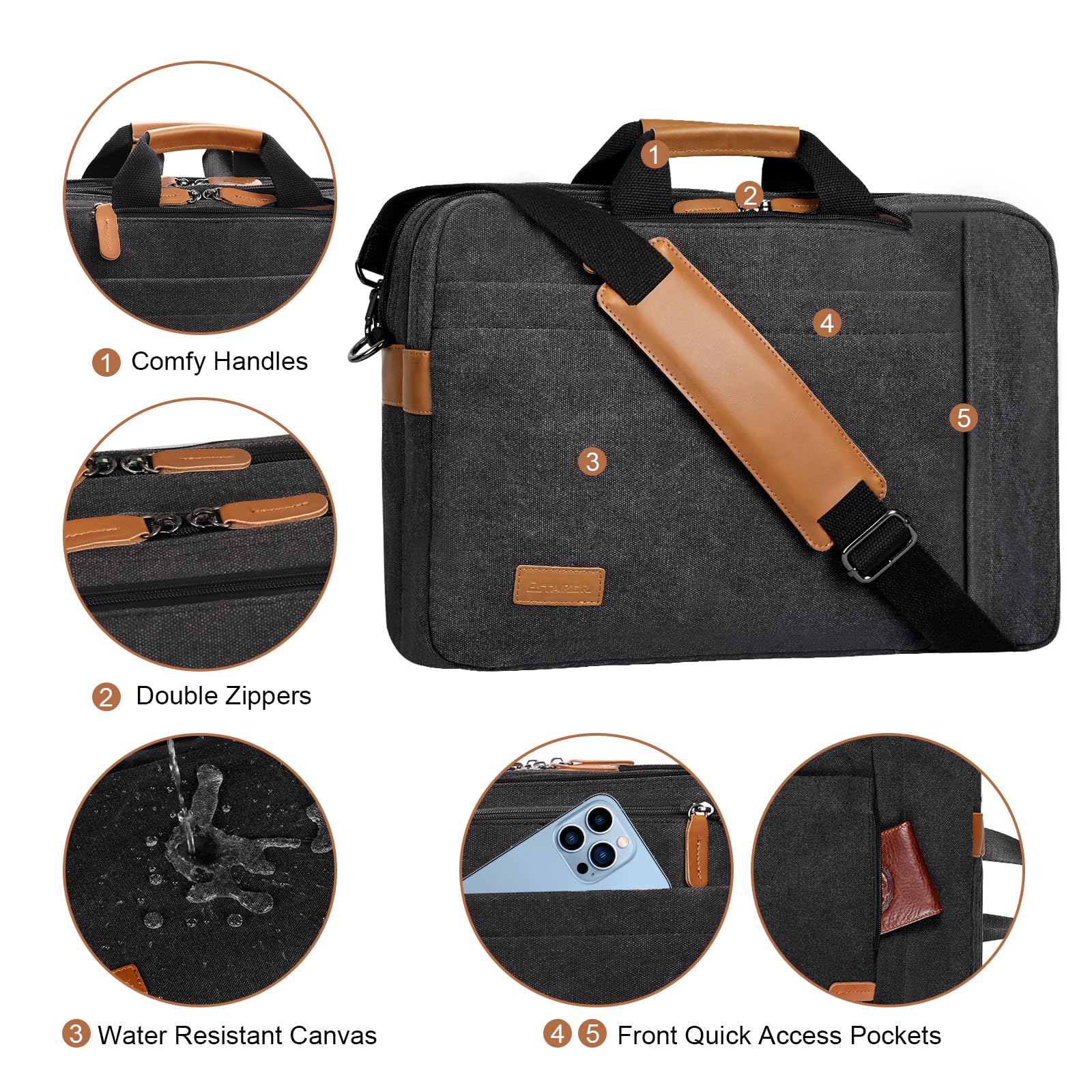 ESTARER 3 In 1 Laptop Bag for Men, 17-17.3 Inch Computer Bag Laptop Backpack for Work/Travel/Business, Convertible Briefcase Water Resistant Canvas Messenger Bag (Dark Grey)