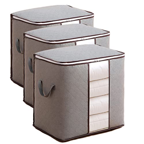 Large Capacity Clothes Storage Bag Organizer Reinforced Handle Thick Fabric for Comforters, Blankets, Bedding, Foldable with Sturdy Zipper, Clear Window, 3 Pack, 56L, Grey