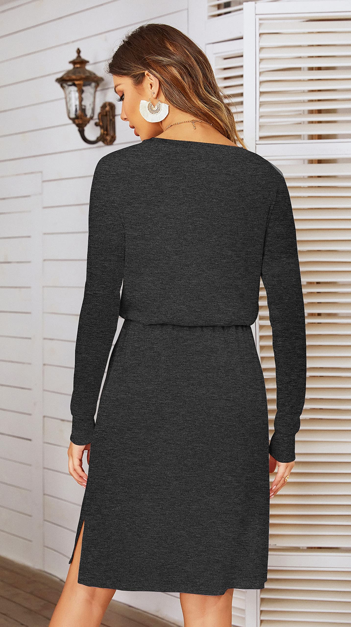 Women Ladies Fall Knit Cotton Long Sleeve Work Casual Midi Knee Dress Gray XL