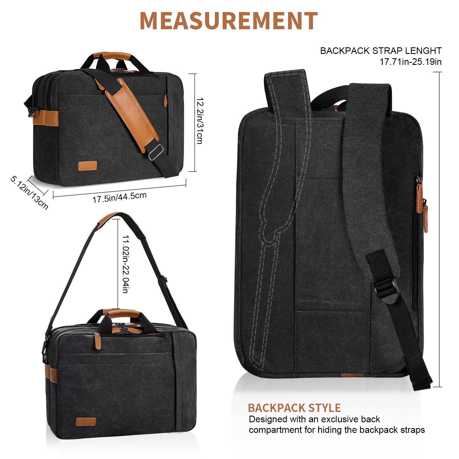ESTARER 3 In 1 Laptop Bag for Men, 17-17.3 Inch Computer Bag Laptop Backpack for Work/Travel/Business, Convertible Briefcase Water Resistant Canvas Messenger Bag (Dark Grey)