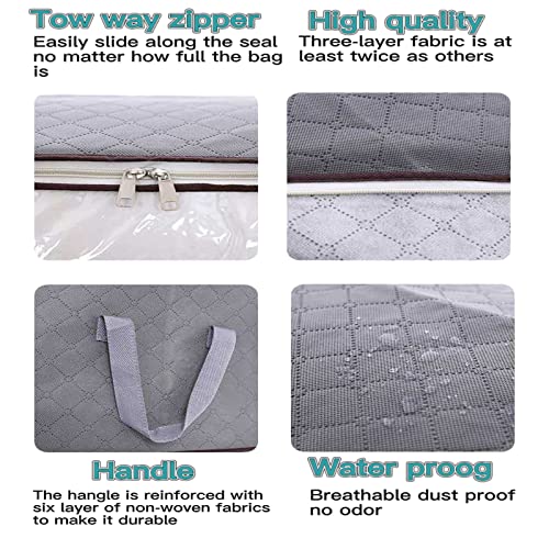 Large Capacity Clothes Storage Bag Organizer Reinforced Handle Thick Fabric for Comforters, Blankets, Bedding, Foldable with Sturdy Zipper, Clear Window, 3 Pack, 56L, Grey