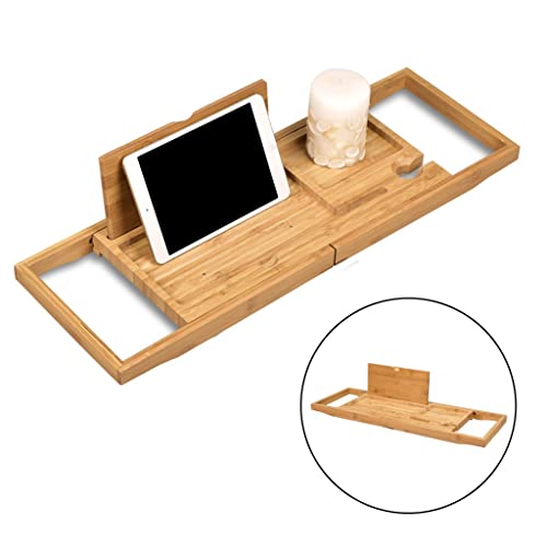 LIUYUNQI Wooden Bath Caddy Tray Extendable Bathtub Bridge Board Shelf Wint Book/Tablet Stand Wine Candle Holder