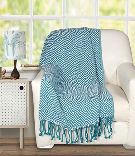 Throw Blanket With Fringes In Diamond Design 50x60 Inch - Teal White Cotton Throw For Sofa, Chair, Bed, & Everyday Use, Well crafted for durability, Farmhouse Throw,All Season Throw Blanket