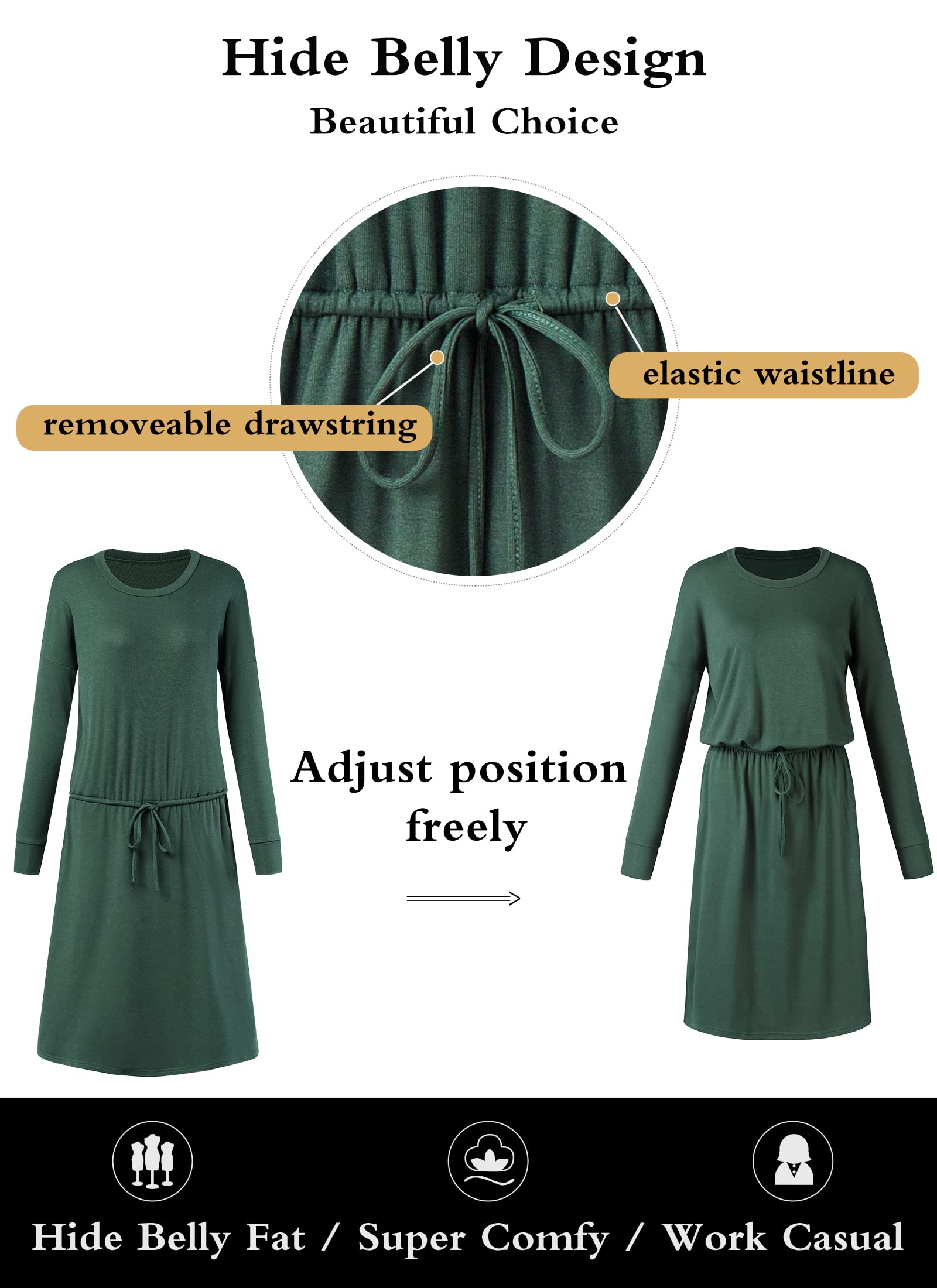 Women Ladies Fall Knit Cotton Long Sleeve Work Casual Midi Knee Dress Gray XL