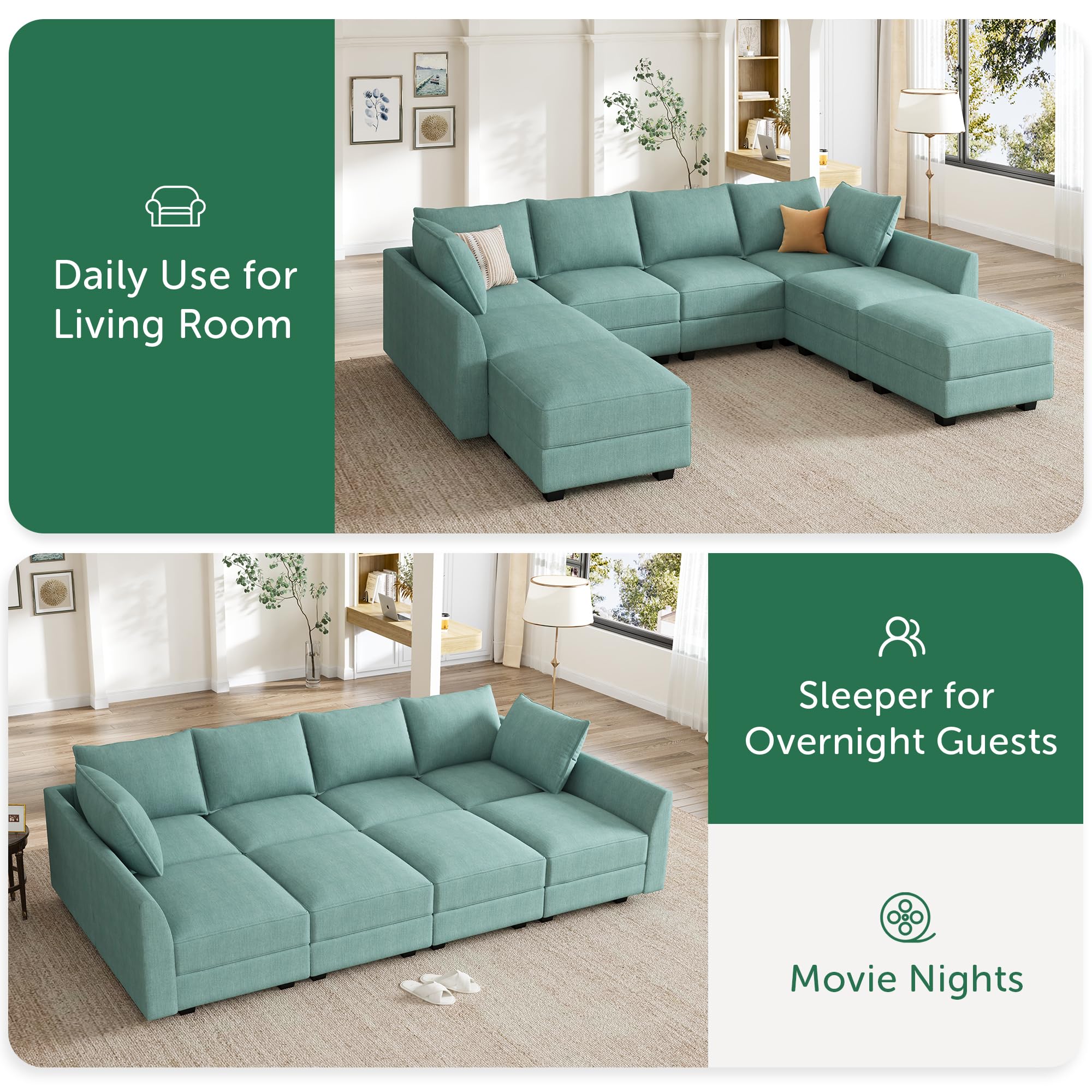 HONBAY Modular Sectional Couch with Storage Modern Modular Couch U Shaped Sectional Sofa for Living Room, Aqua Blue