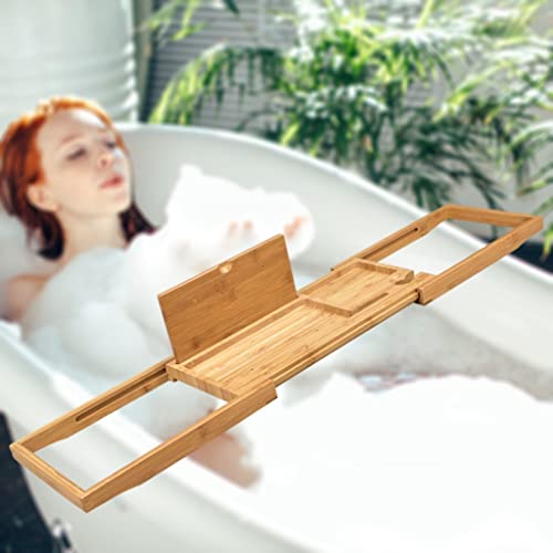 LIUYUNQI Wooden Bath Caddy Tray Extendable Bathtub Bridge Board Shelf Wint Book/Tablet Stand Wine Candle Holder
