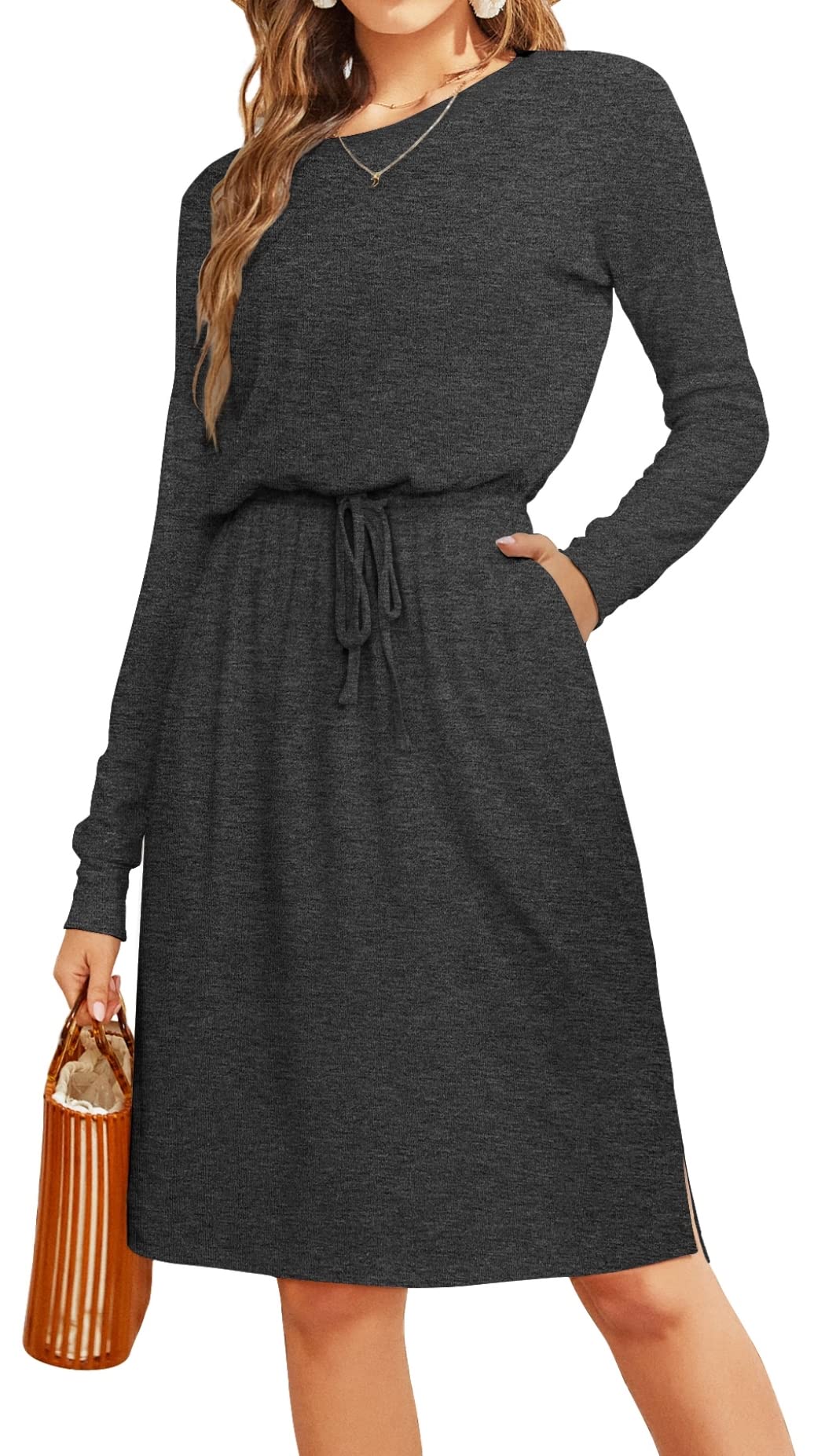 Women Ladies Fall Knit Cotton Long Sleeve Work Casual Midi Knee Dress Gray XL