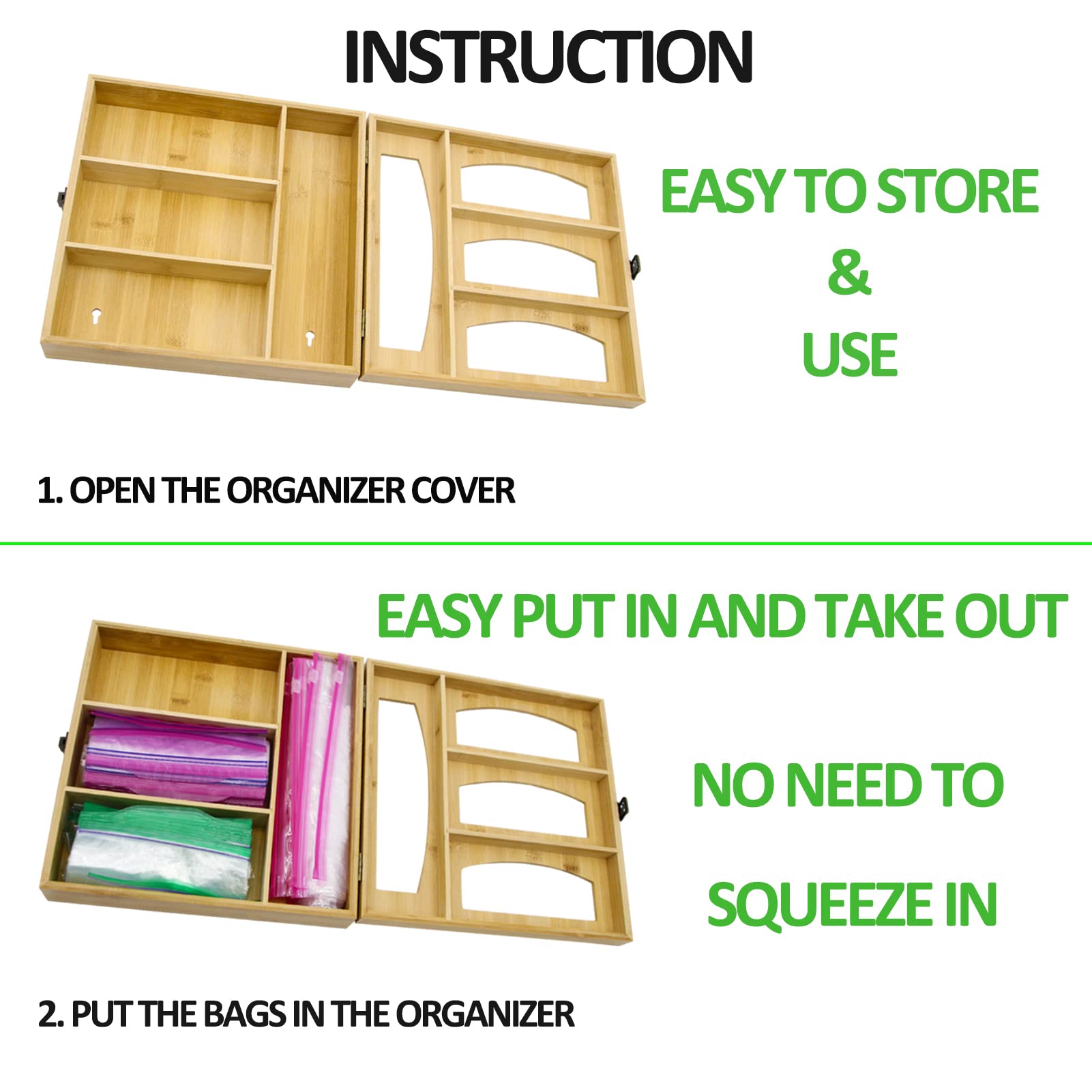 POBIDOBY Storage Bag Organizer Ziplock Bag Storage Baggie Organizer Dispenser for Kitchen Drawer with 4pcs Hooks, Bamboo Organizer Compatible with Gallon, Quart, Sandwich & Snack Variety Size Bags
