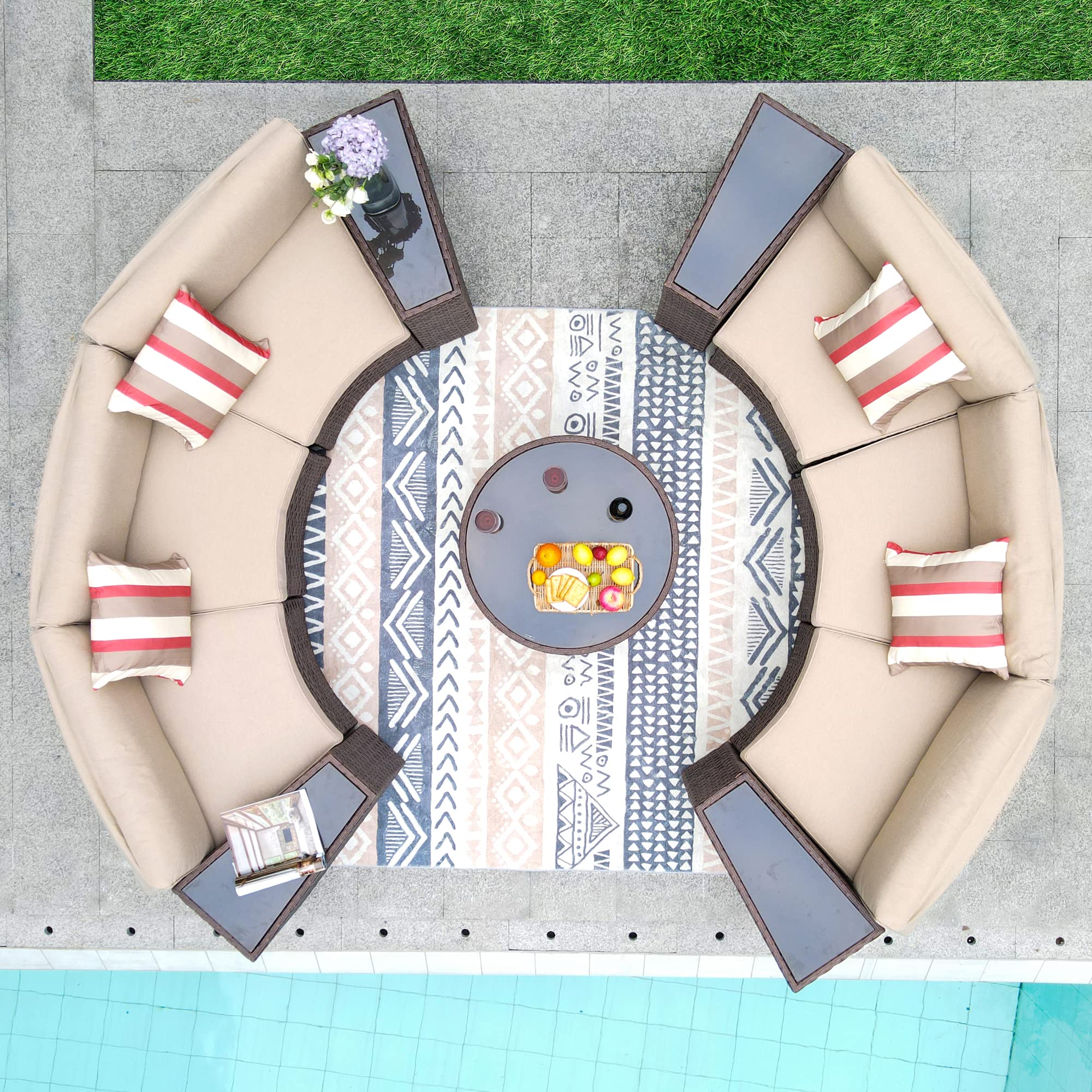 SUNSITT 11 Pieces Patio Furniture Set Outdoor Half-Moon Sectional Set with Round Coffee Table, Brown PE Wicker & Beige Cushion