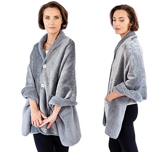 EzrAllora Grey Poncho Blanket for Women - No Sleeves - Fleece Wrap Shawl with Pockets - Wearable Throw Blanket - Warm Sherpa Throw - Lap Blanket -Gift for Mom and Grandma