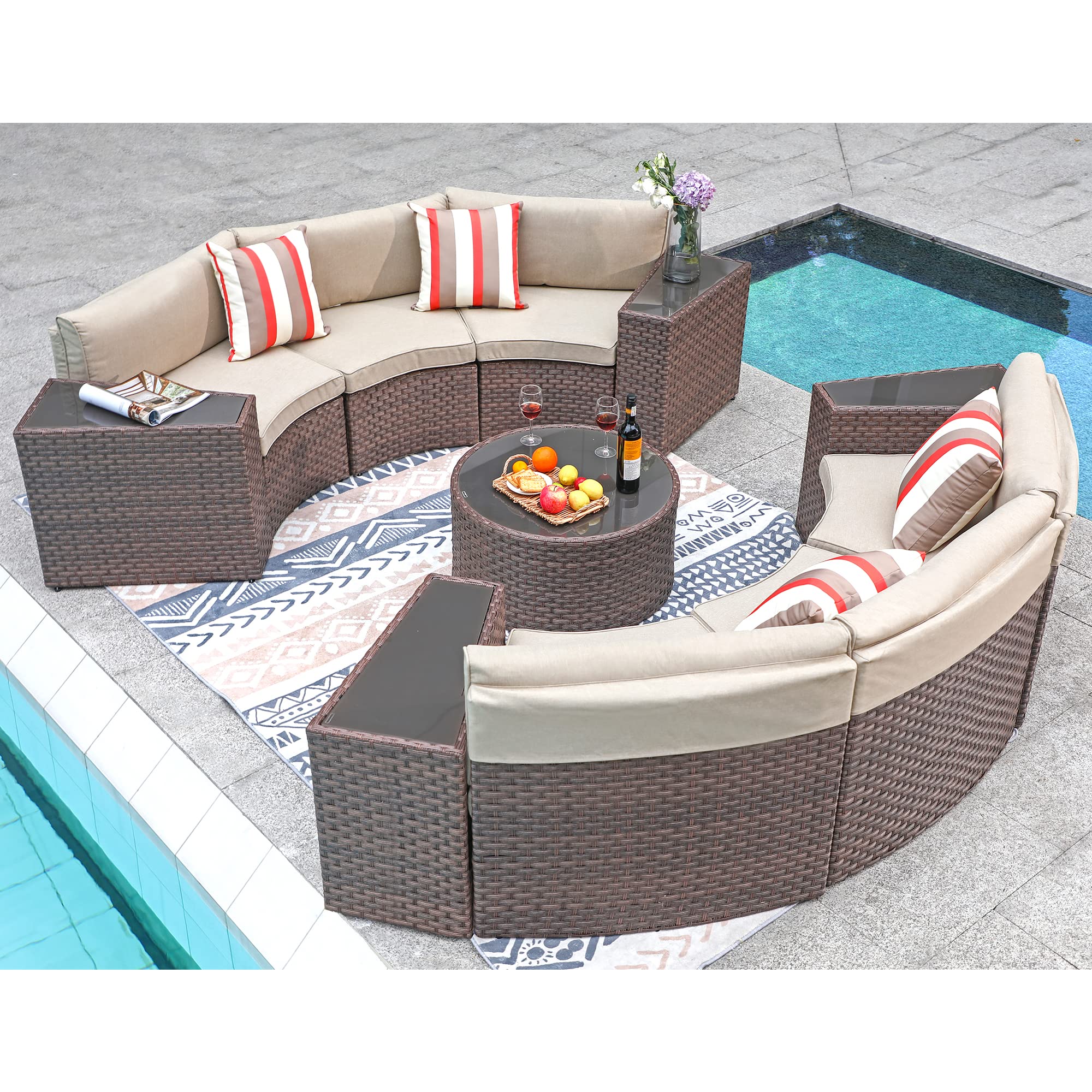 SUNSITT 11 Pieces Patio Furniture Set Outdoor Half-Moon Sectional Set with Round Coffee Table, Brown PE Wicker & Beige Cushion