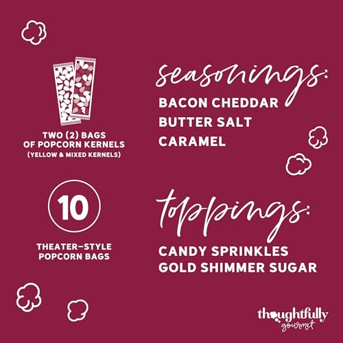 Thoughtfully Gourmet, Movie Night Popcorn Set, Includes Yellow and Mixed Popcorn Kernels, 10 Paper Popcorn Bags, 5 Popcorn Seasonings & Toppings